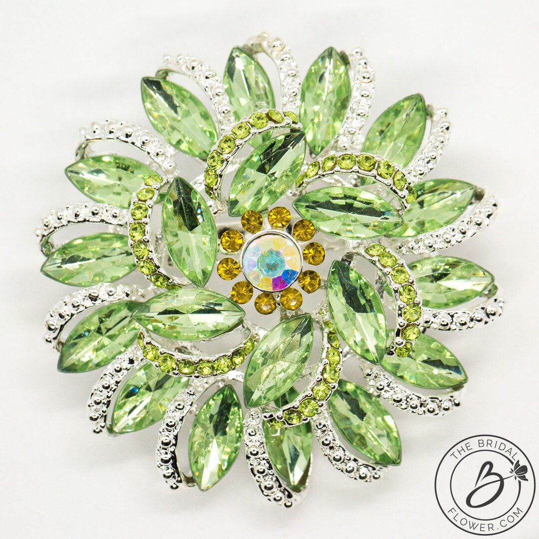 Mint Green Brooch, Large Round Brooch, Green Rhinestone Brooch, Wedding ...