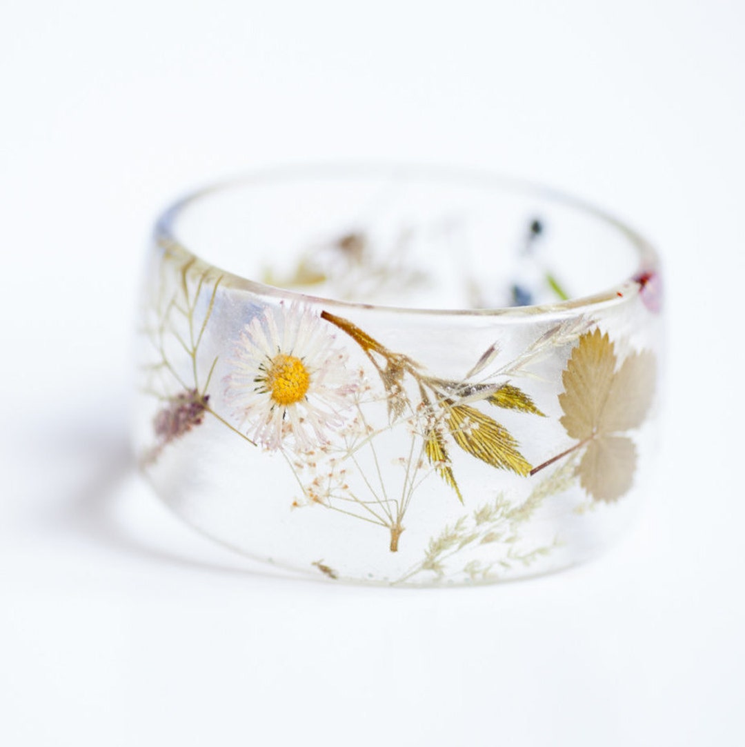 Wide Cuff Floral Bangle - Real Flower Chunky Bracelet - Botanical Resin ...