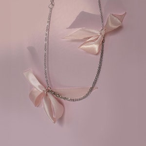 Pink Bow Necklace Girl Ribbon Choker Silver Jewelry Romantic Birthday ...