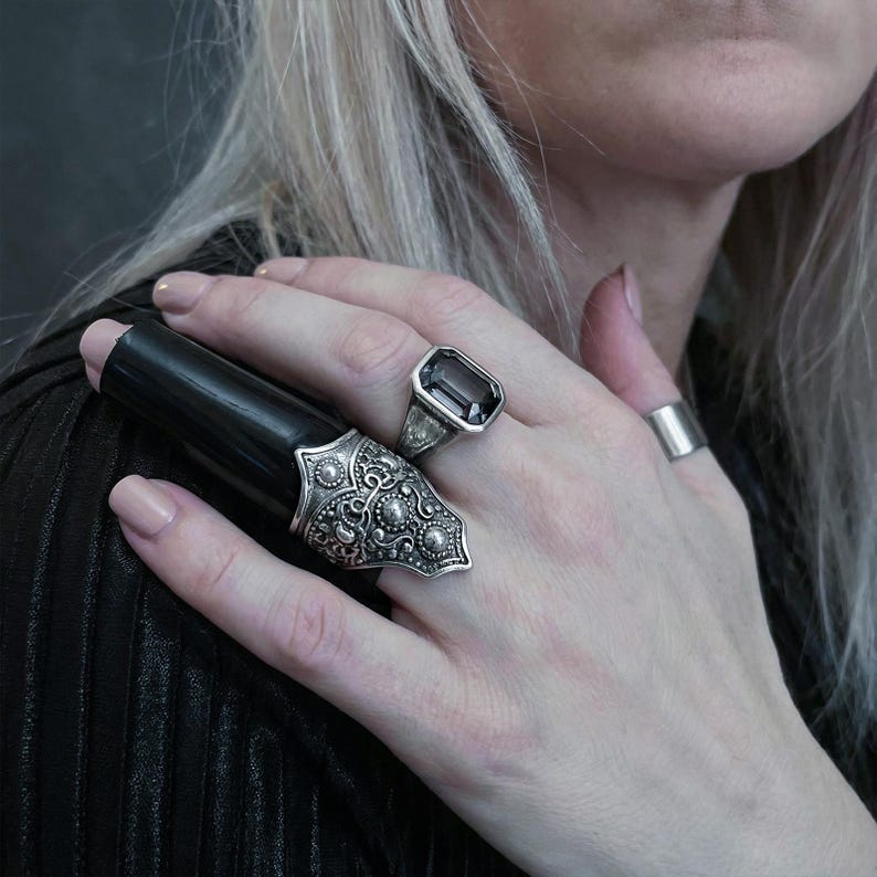 Shield Ring Silver Filigree Long Armor Band Unique Artisan Full Finger ...