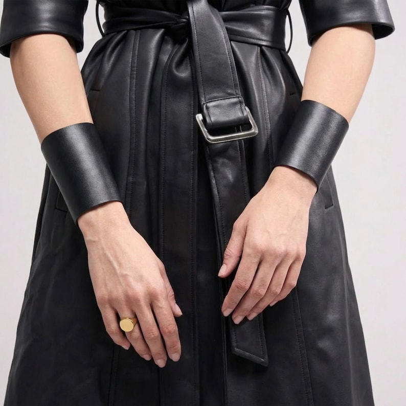 Wide Arm Band Matte Black Vegan Leather Cuff Edgy Bracelet Punk Women ...