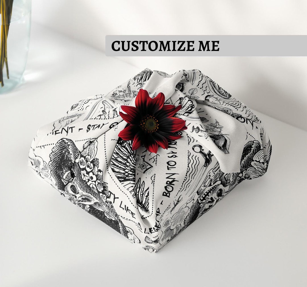 Custom Text Fabric Gift Wrap Skeleton Party Reusable Monochrome Cloth ...