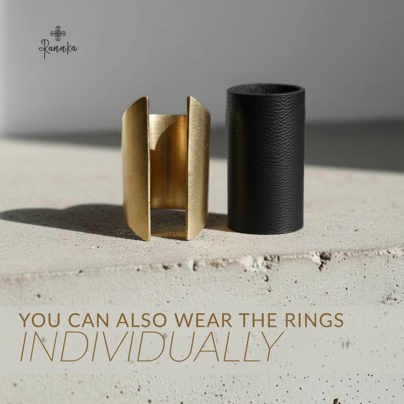 Gold Black Ring Set Leather Finger Cuff Oversize Wide Band Open Cut ...