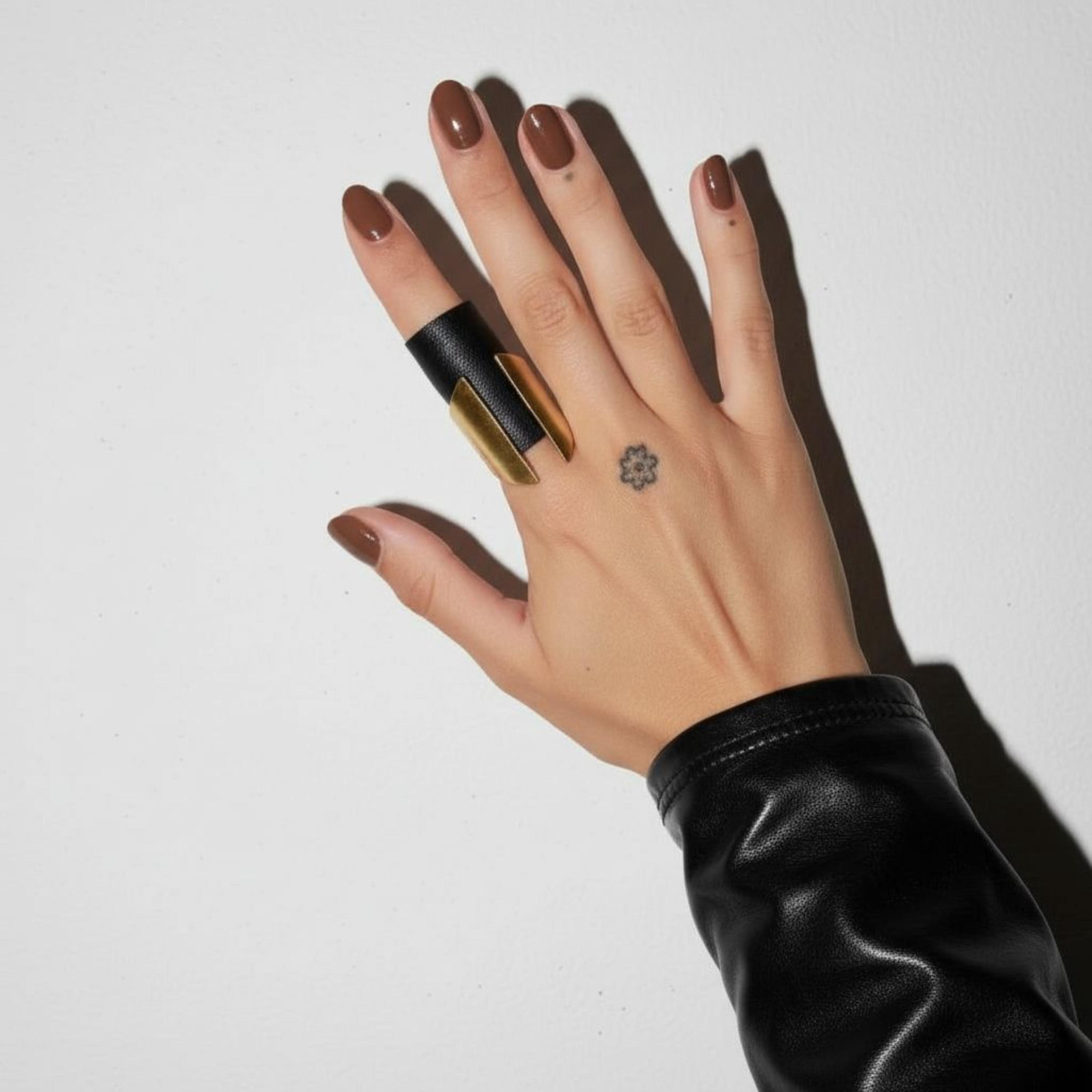 Gold Black Ring Set Leather Finger Cuff Oversize Wide Band Open Cut ...
