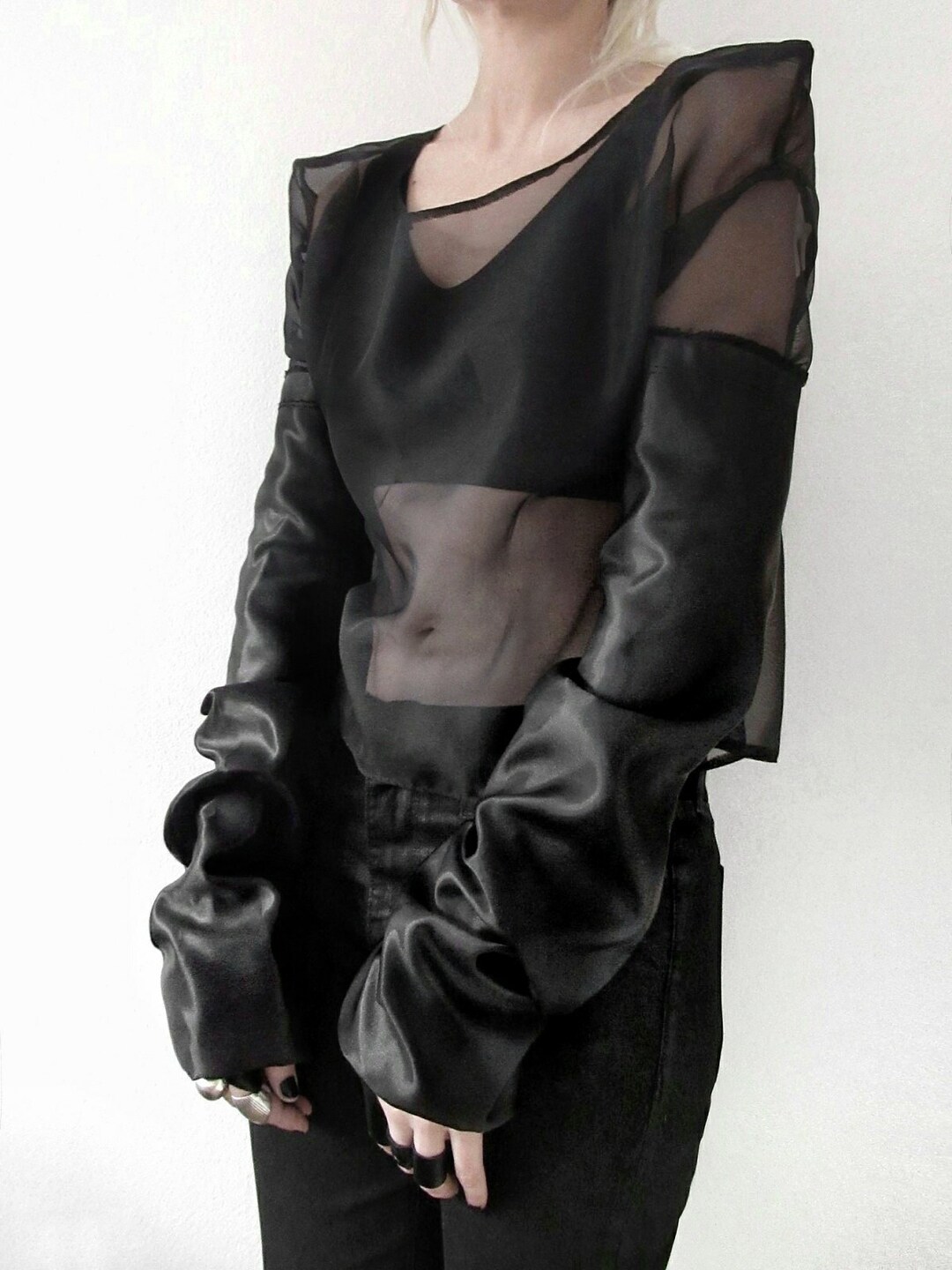 Goth Minimalist Sleeves Long Sateen Fingerless Glove Black Arm Wraps ...