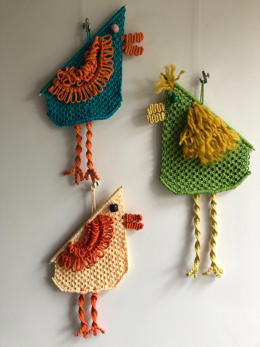 2 Macrame Birds Turquoise and Light Yellow Wall Hanging / Wall ...