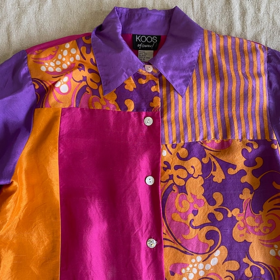 Vintage 80s 90s Color Block Silk Blouse, Purple Orang… - Gem