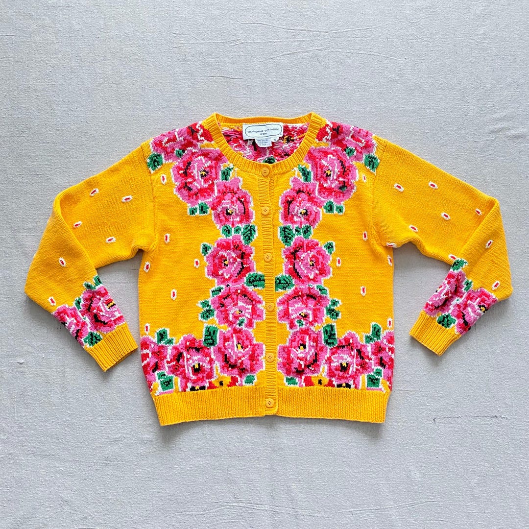 Vintage 90s Yellow With Pink Floral Roses Cardigan Sweater, Button ...