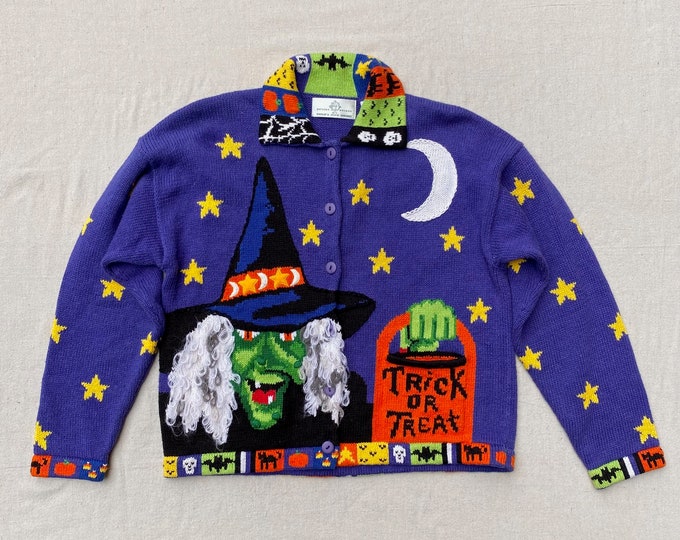 Vintage Halloween Witch Sweater,trick or Treat Graphic Knit Button ...