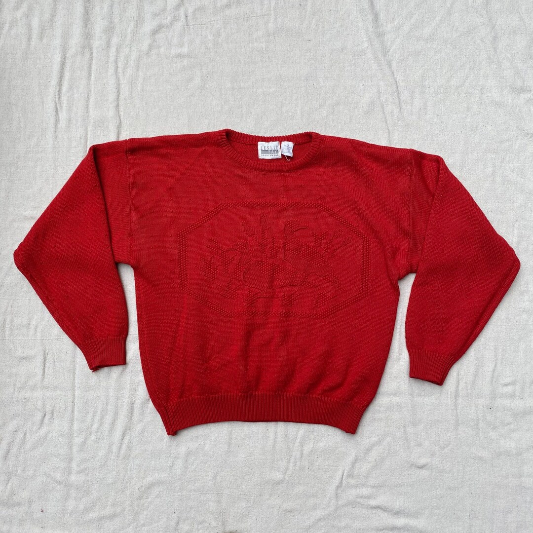 Vintage Goose Sweater, Red 3D Texture Knit Pullover Crewneck, 80s Boxy ...