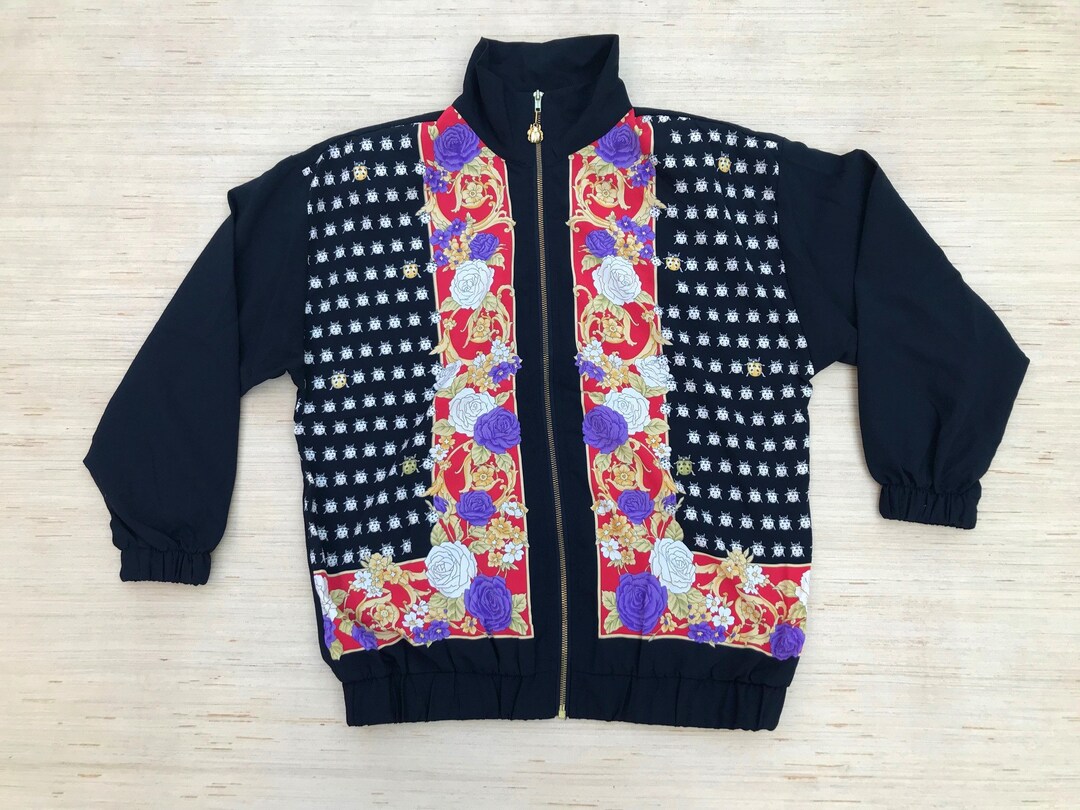 90s Ladybug Jacket Black Floral Print Ladybug Pattern Zip up ...