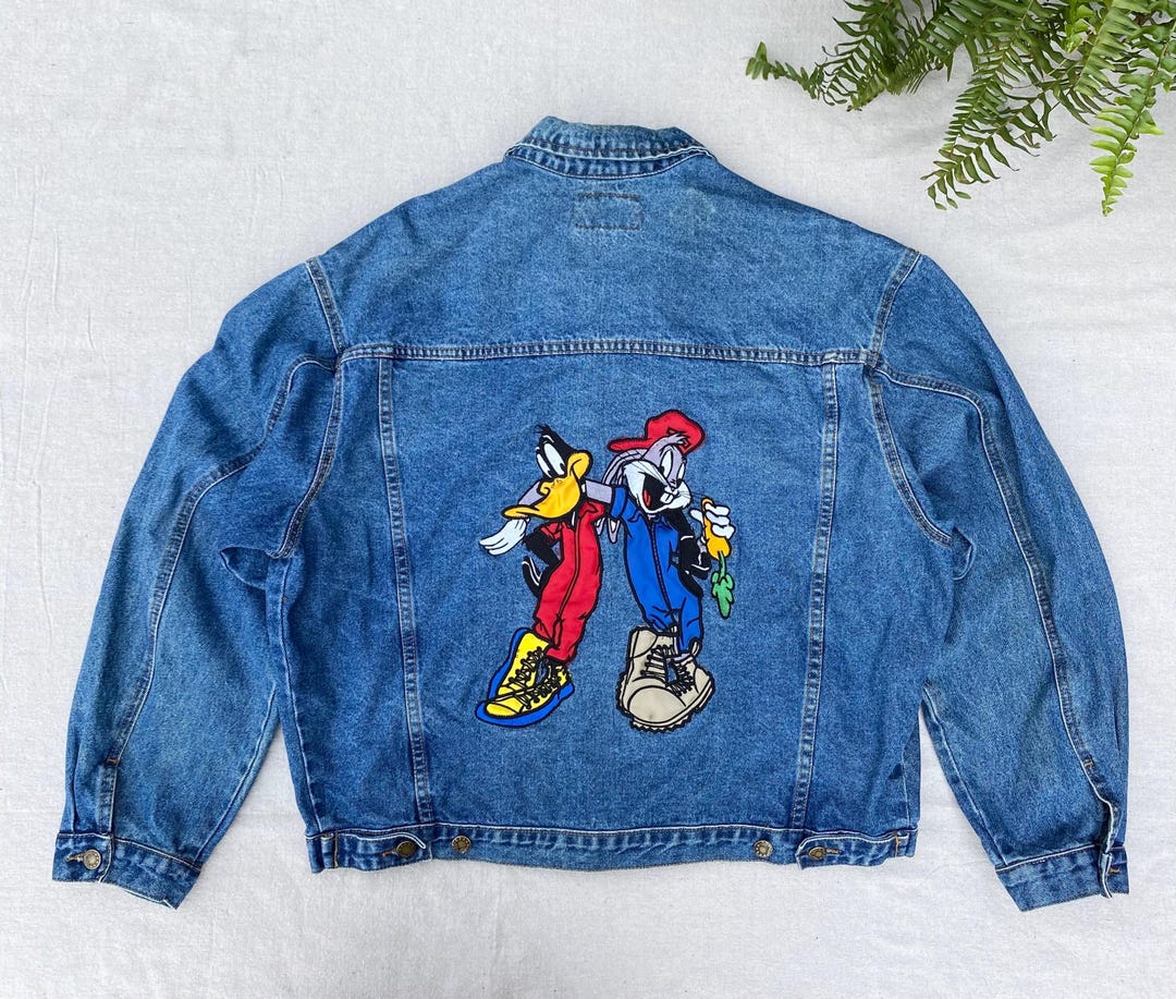Vintage 90s Looney Tunes Jean Jacket, Bugs Bunny and Daffy Back Patch ...