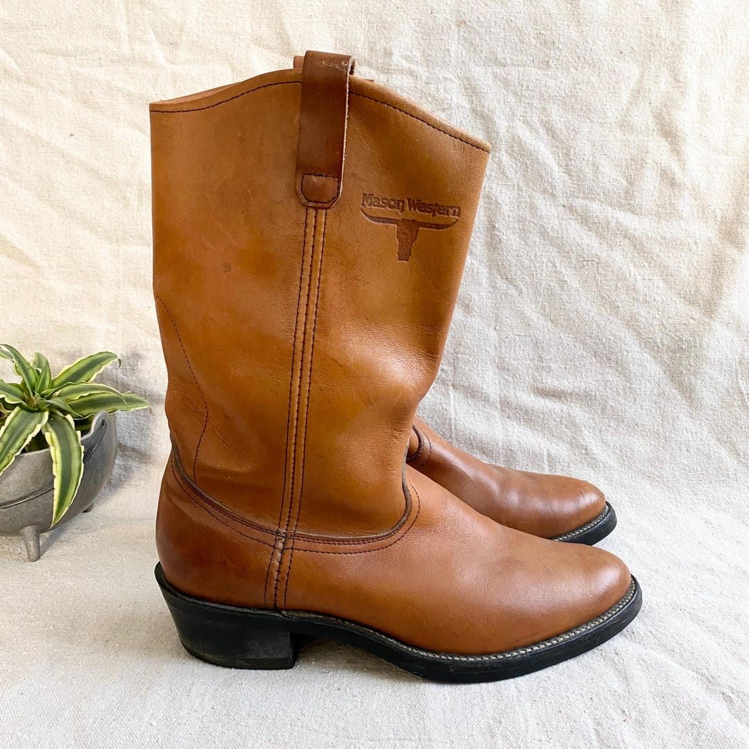 Vintage 80s Mason Western Boots, Brown/tan Leather Cowboy Work Boot ...