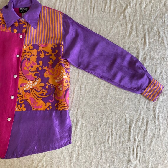 Vintage 80s 90s Color Block Silk Blouse, Purple Orang… - Gem