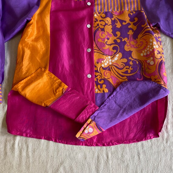 Vintage 80s 90s Color Block Silk Blouse, Purple Orang… - Gem