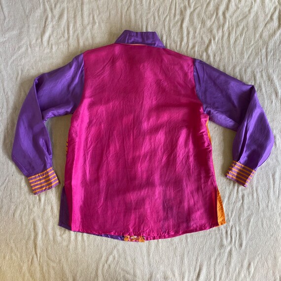 Vintage 80s 90s Color Block Silk Blouse, Purple Orang… - Gem