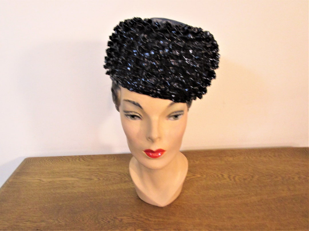 Vintage Navy Cello Straw Pillbox Hat - Miss Alice - 1960s - Navy Blue ...
