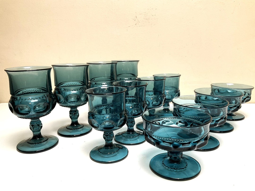 Vintage Indiana Glass Kings Crown Teal Blue Glassware - Set of 4 - Your ...