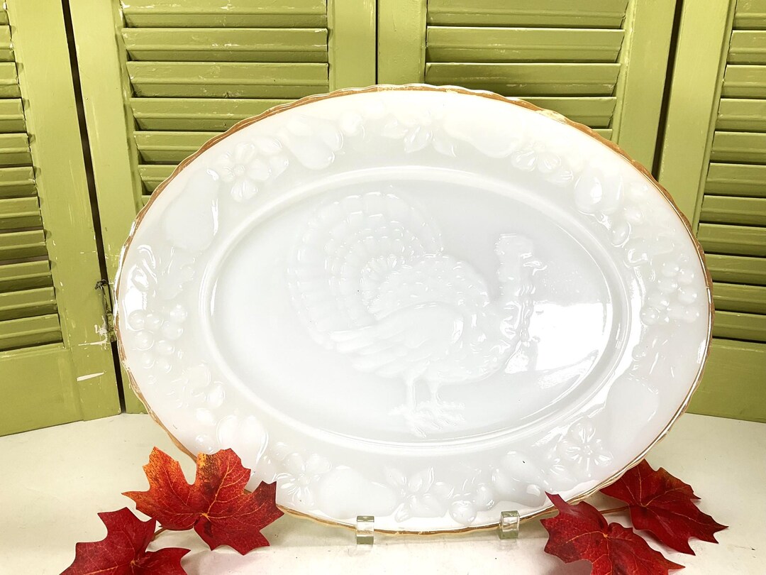 Vintage Anchor Hocking Milk Glass Turkey Platter - #2390 - Oven Proof ...