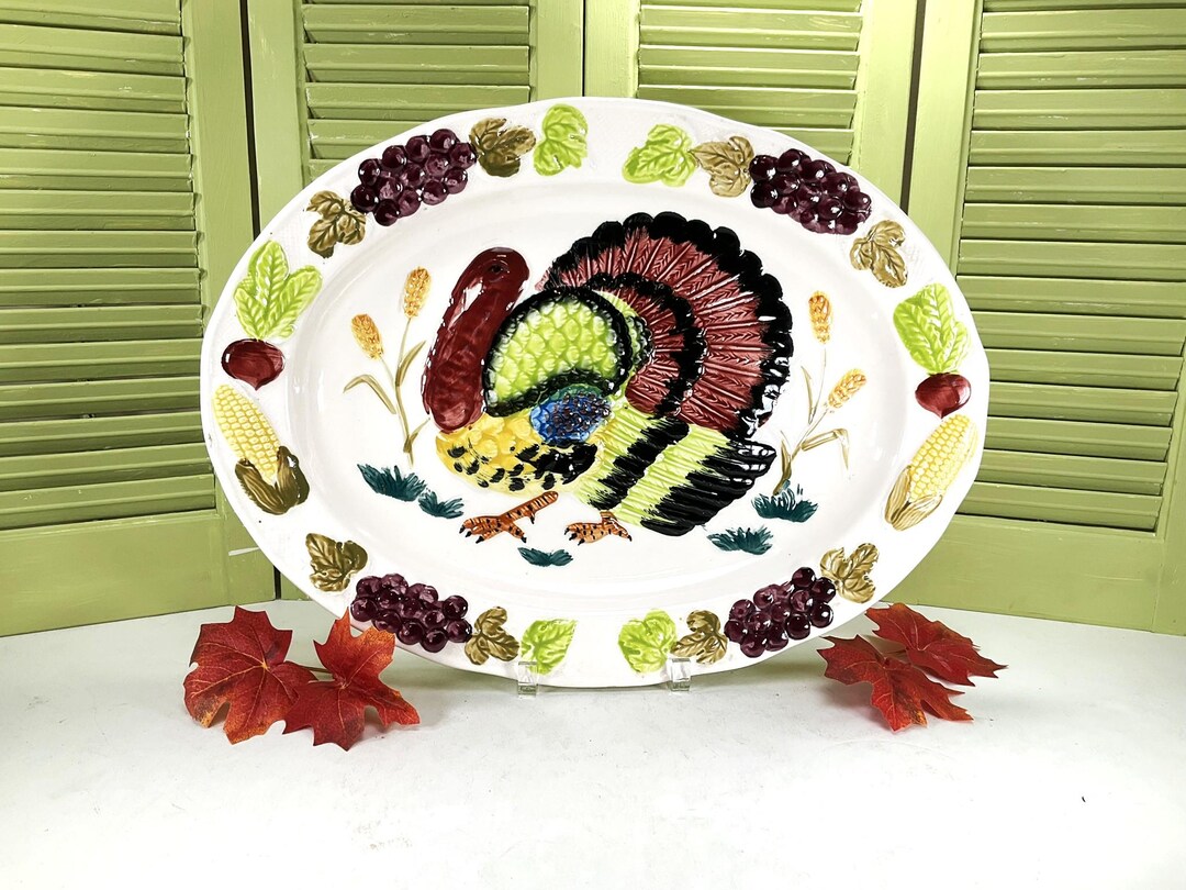 Large Vintage Turkey Platter - Colorful Ceramic Turkey Platter - Made ...