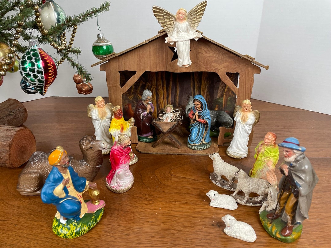 Large Mid Century Nativity Set - Hand Painted - 17 Figures + Creche ...