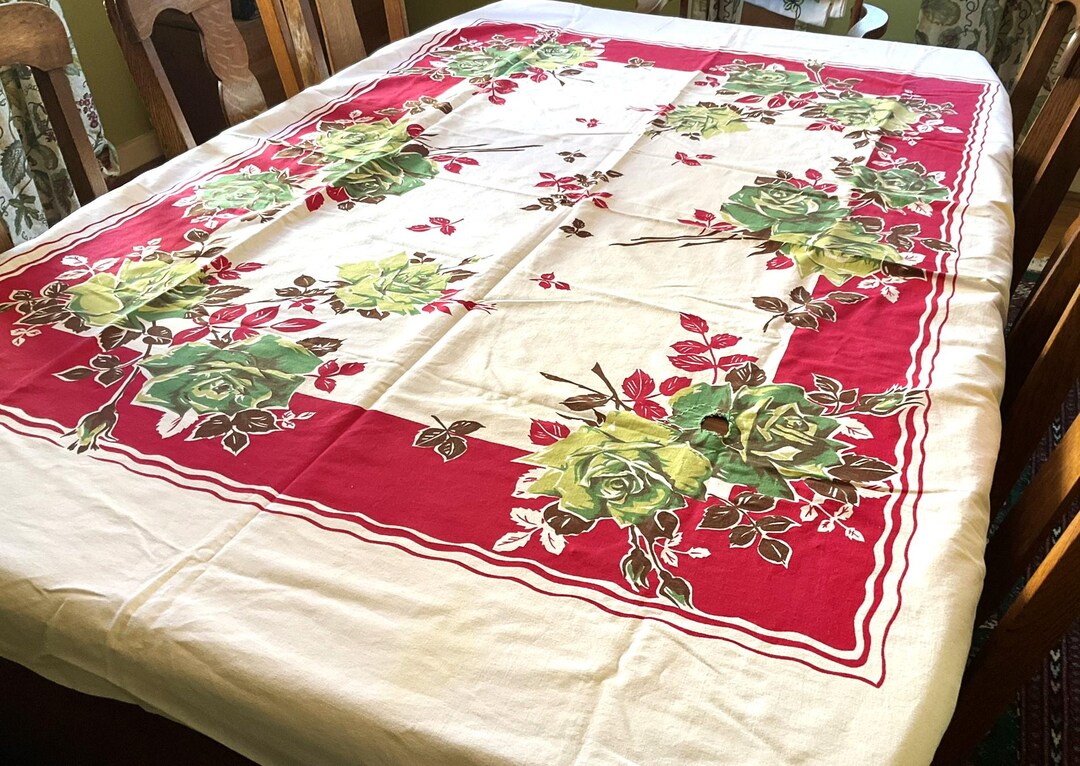Vintage Cutter Tablecloth Vibrant Chartreuse Red Green Rose Pattern 73 ...