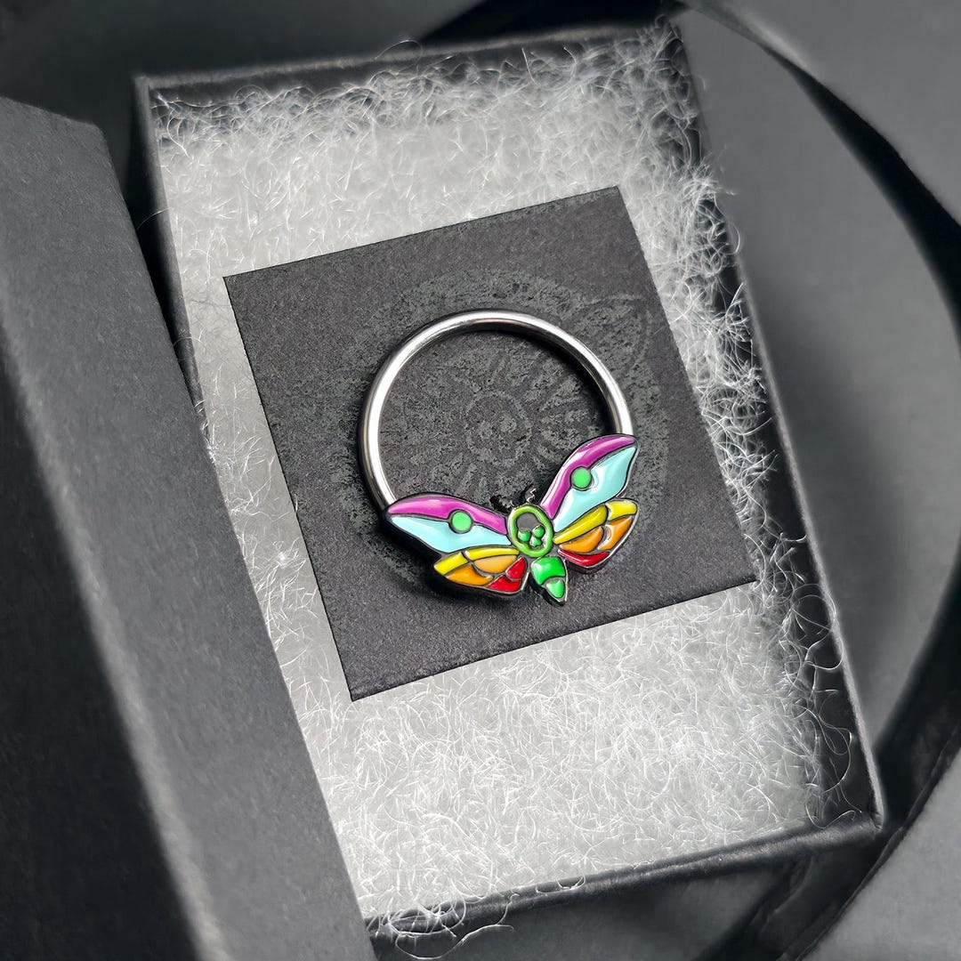 Rainbow Death's Head Moth Septum Ring - Skull Moth Daith Earring ...