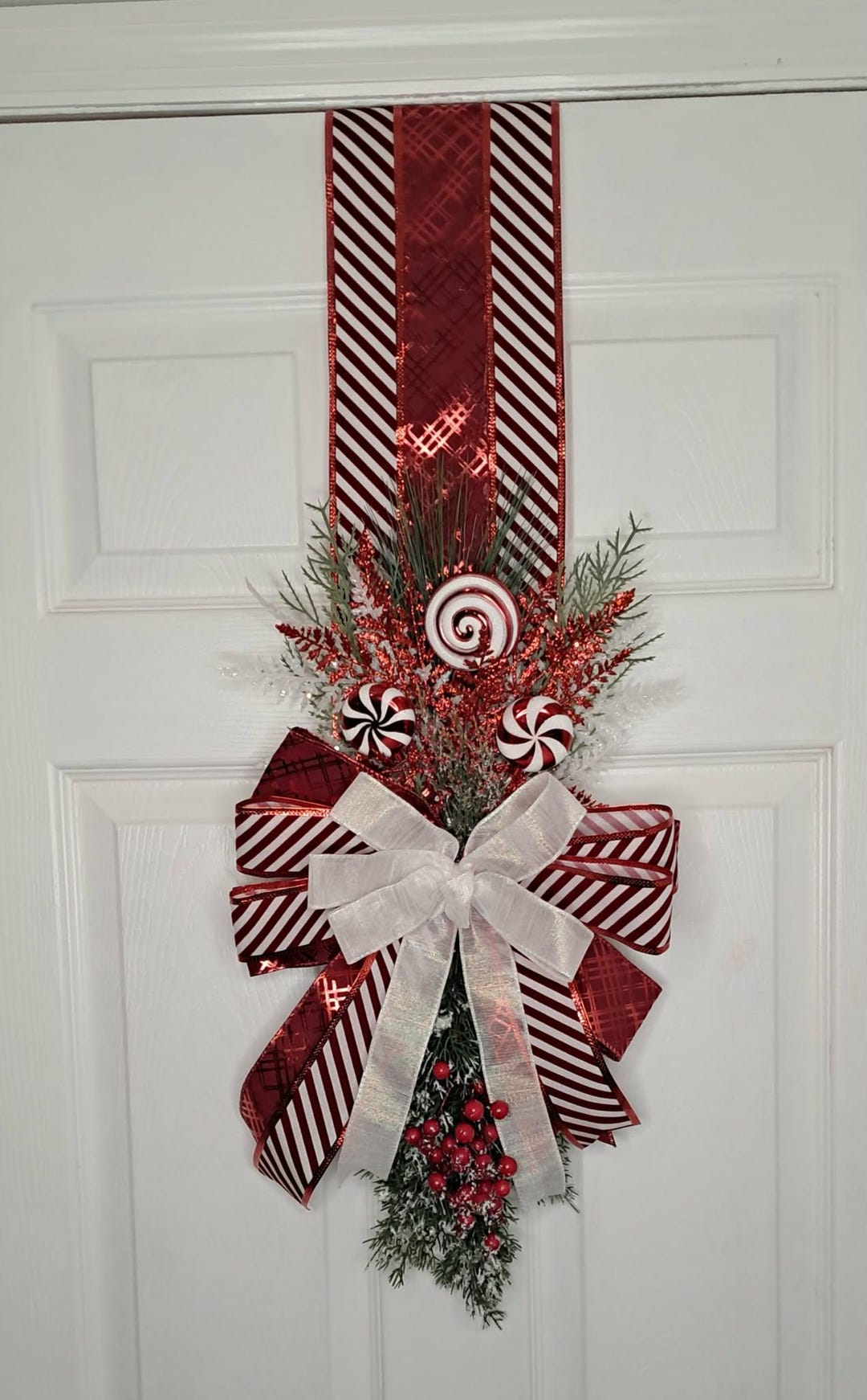 Peppermint Candy Christmas Door Decor Red & White Holiday Bow Swags - Etsy