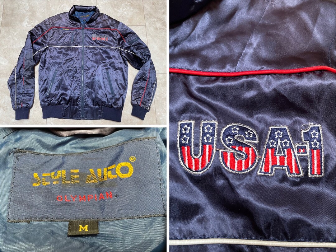 Vintage Style Auto Jacket USA Blue Olympian Car Satin United States 80 ...