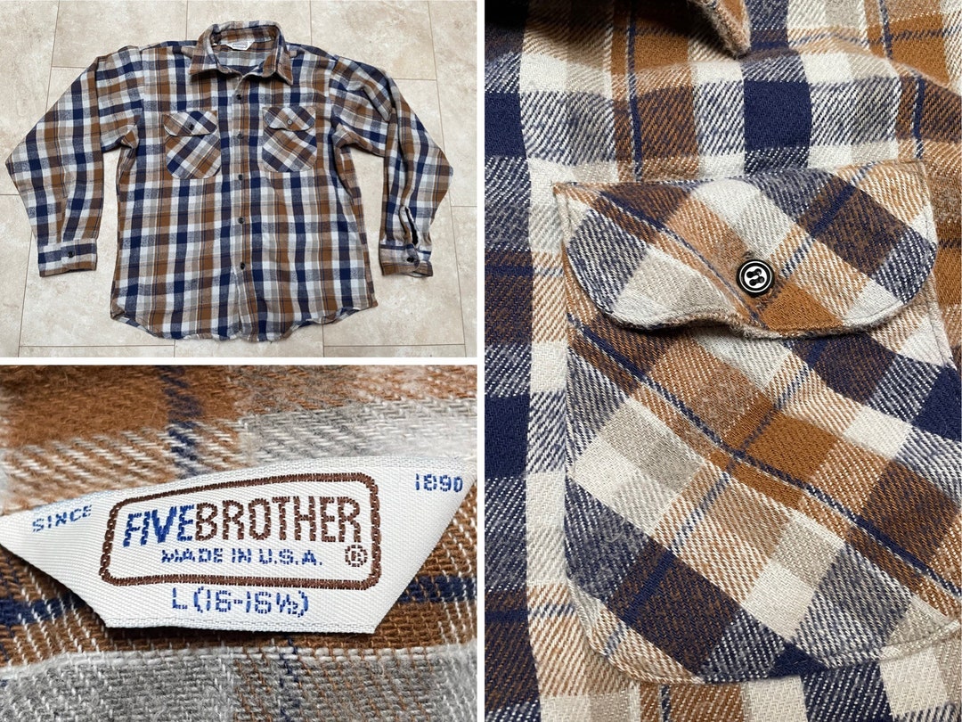 Vintage Five Brother Shirt Blue Brown Plaid Thick Flannel 80’s Men’s ...