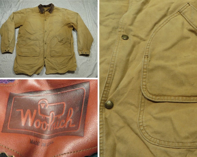 Vintage Woolrich Chore Jacket Tan Khaki Leather Collar Canvas Barn Coat ...