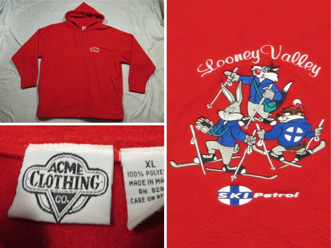 Vintage Looney Tunes Fleece Ski Patrol Bugs Taz Sylvester Red Cartoon ...