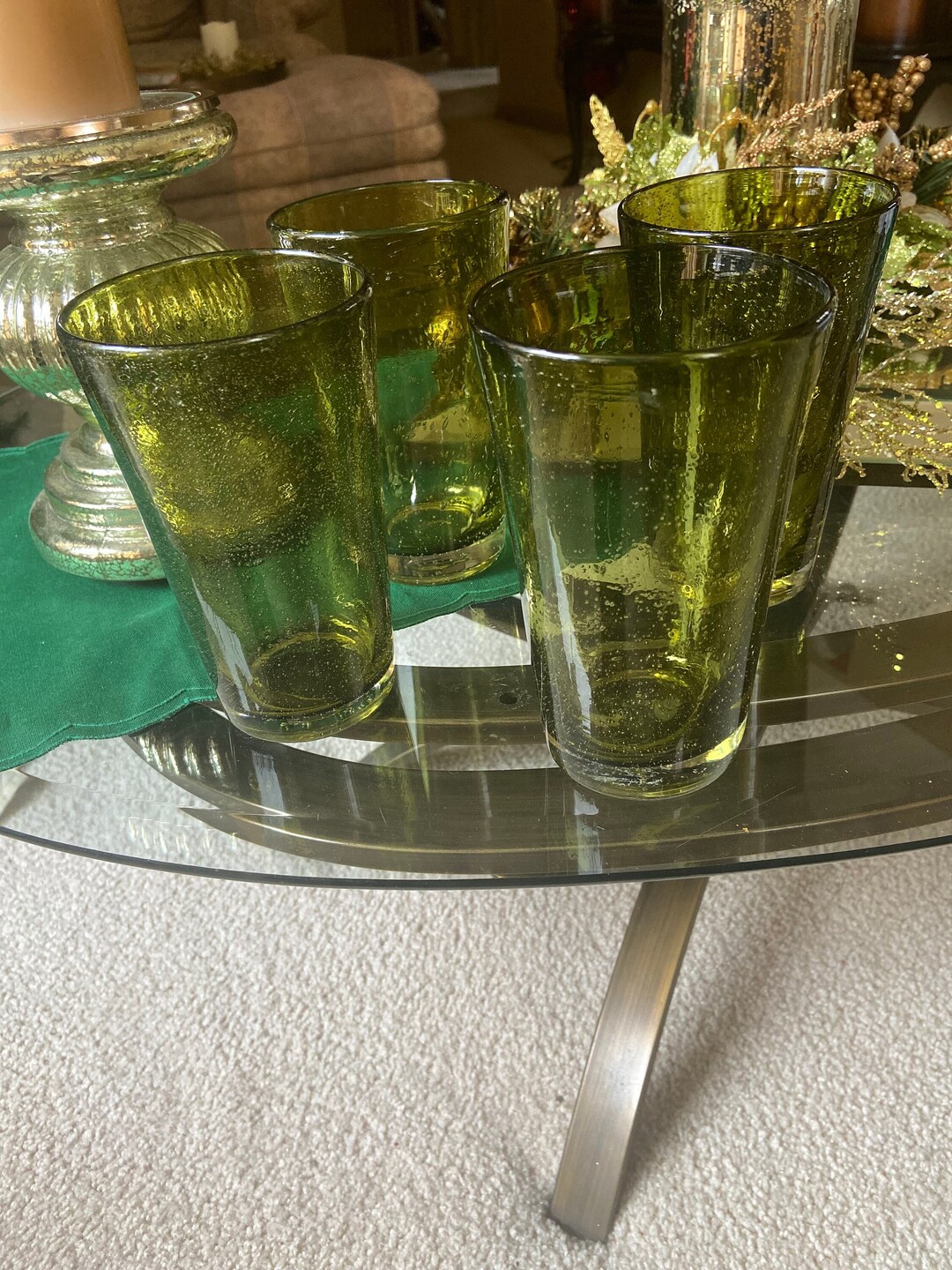 Art Glass Set of 4 Hand Blown Bubbled Glassware Tumblers Deep Lime ...
