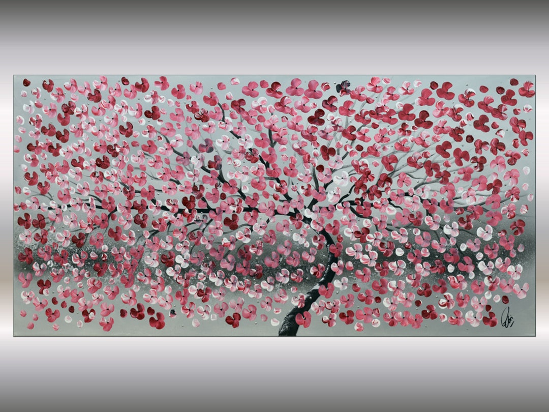 Abstract Acrylic Painting, Red Cherry Blossoms, Stretched Canvas - Etsy