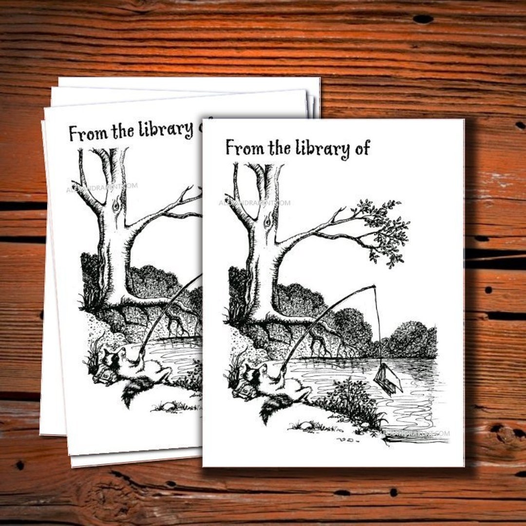 Fishing Bookplate, Original Art by Alexandra Kent, New England - Etsy