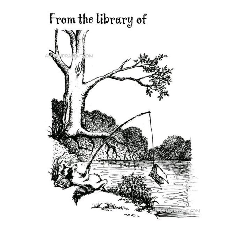 Fishing Bookplate, Original Art by Alexandra Kent, New England - Etsy