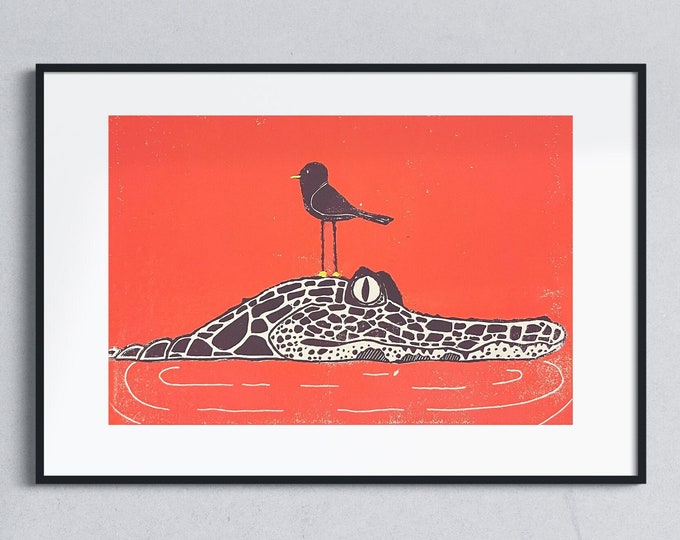 Alligator Linocut Print / Animal Wall Art / "together" - Etsy