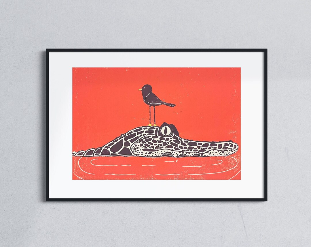 Alligator Linocut Print / 2-color Print With an Alligator and a Bird ...