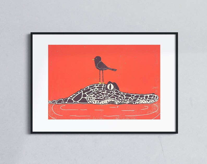 Alligator Linocut Print / 2-color Print With an Alligator and - Etsy