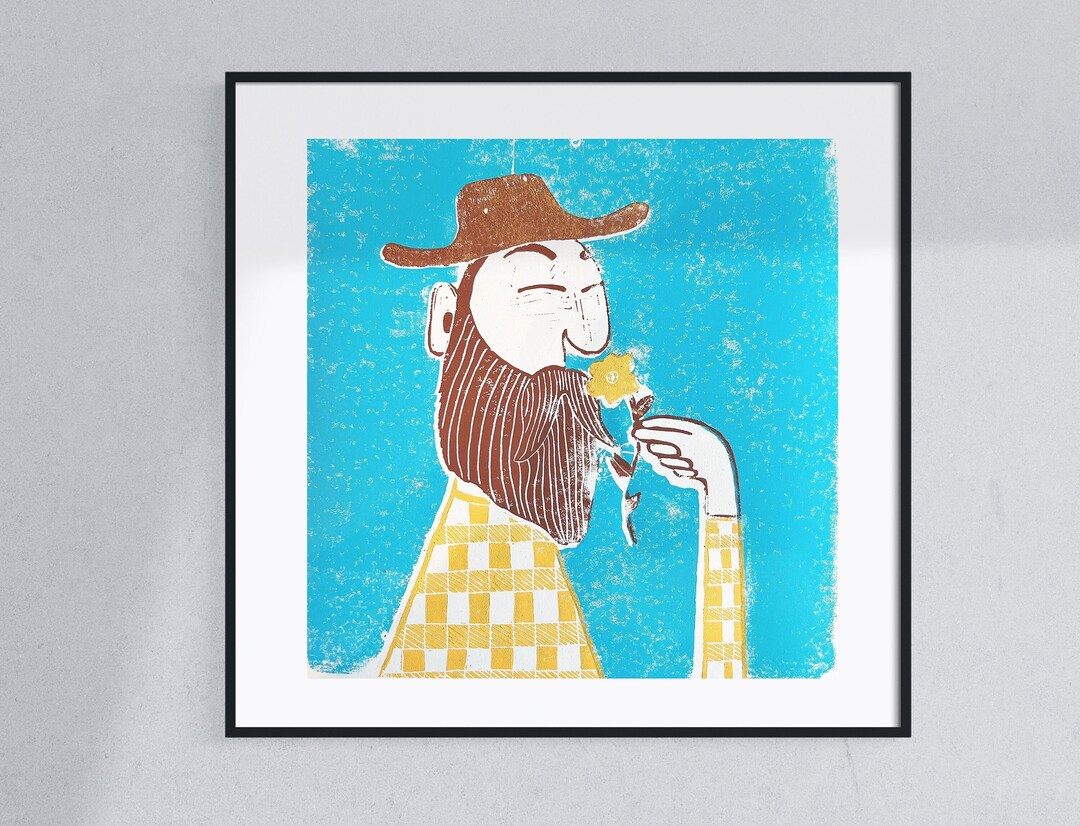 Spring Time Linocut Print / 3-color / Man With Flower - Etsy