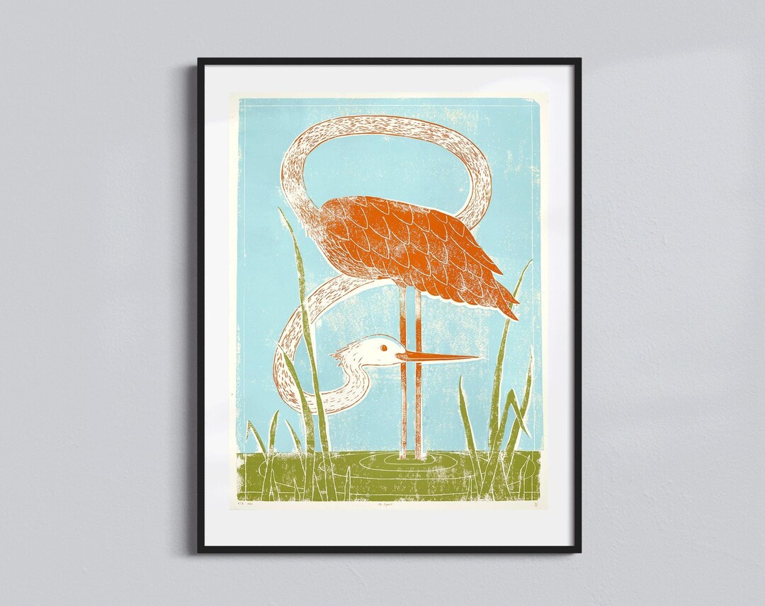 The Water Bird blue / Egret / Linocut Art Print - Etsy