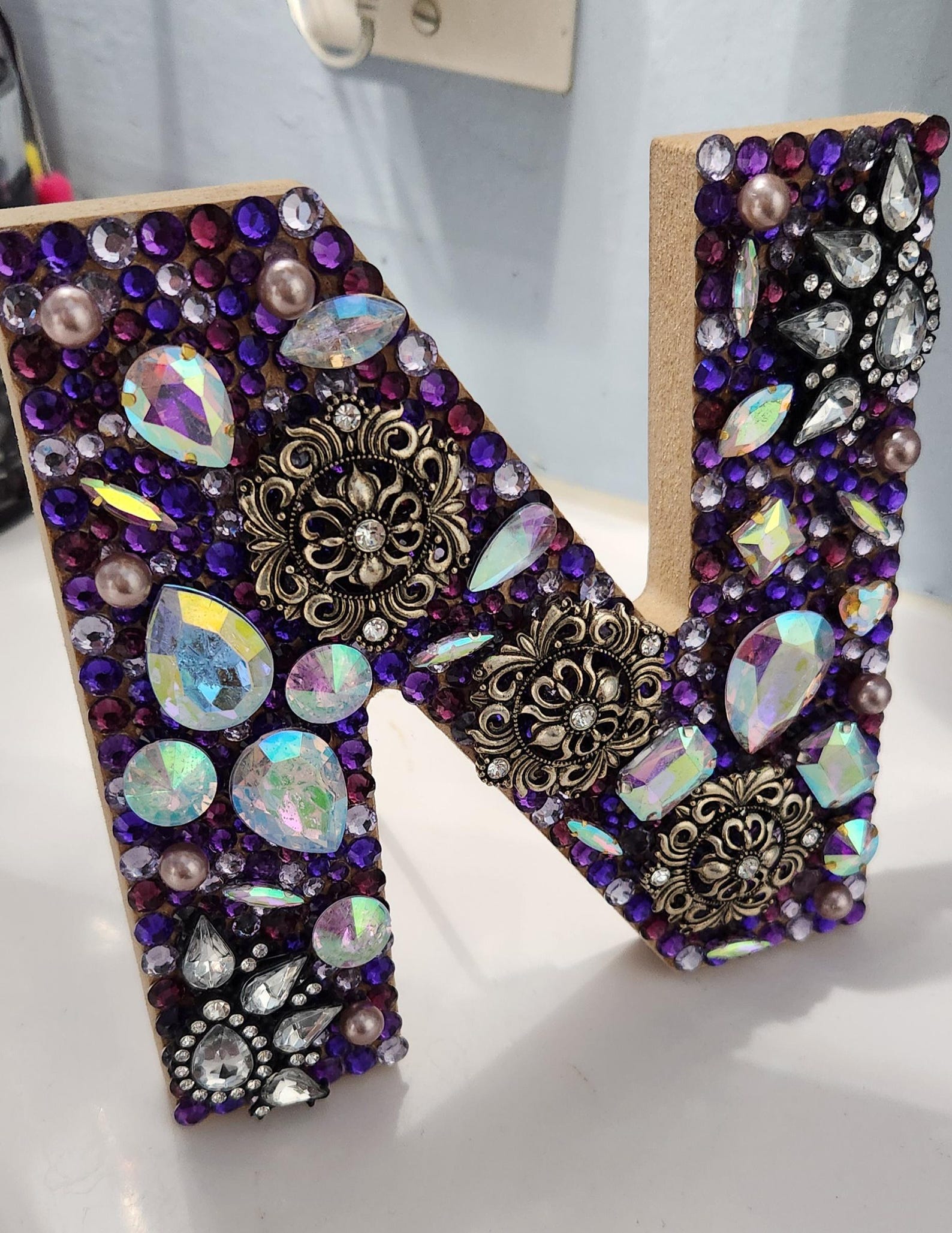 Letter N Vintage Jeweled Encrusted Monogram Wooden Letter Embellished ...