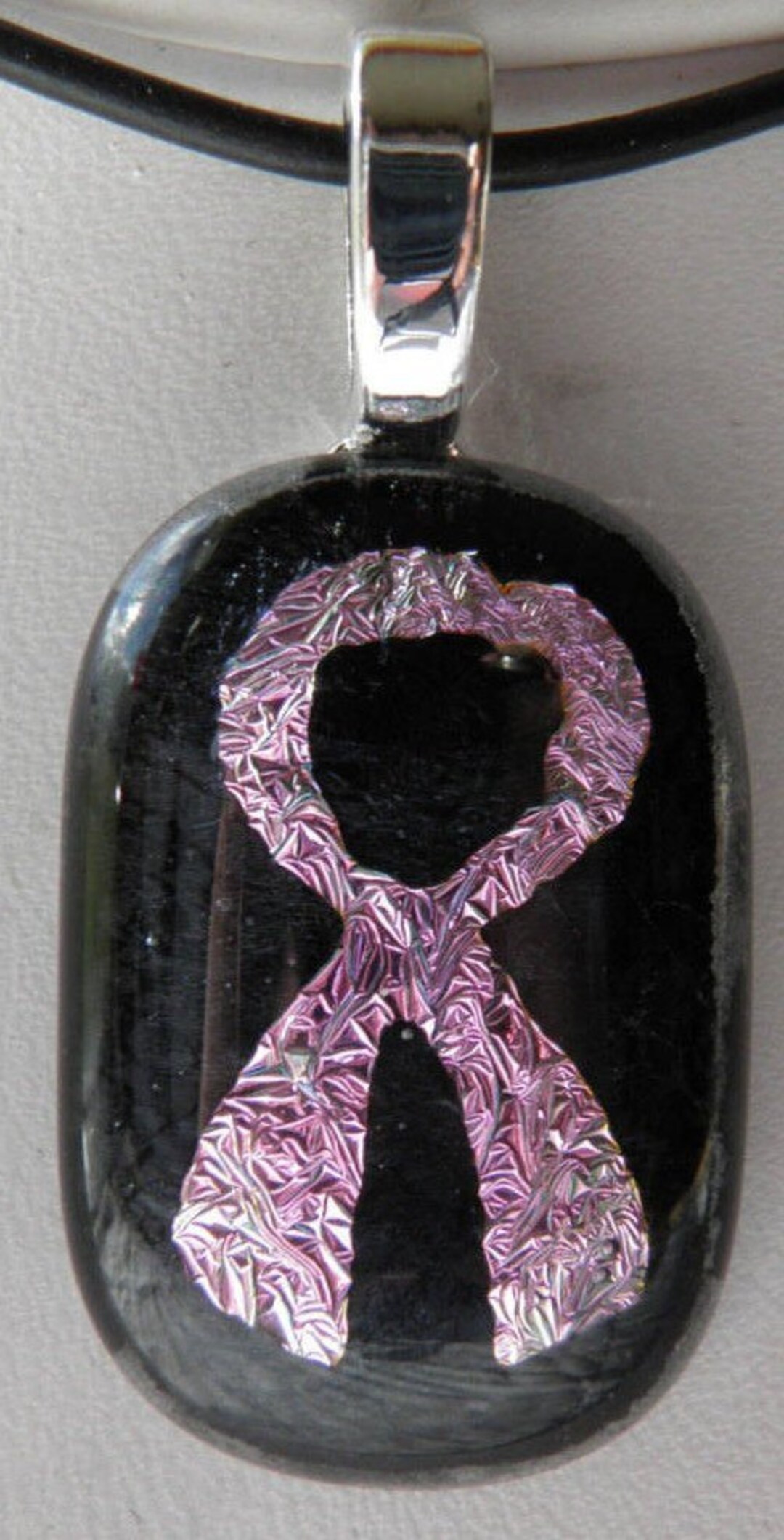 Pink Etched Dichroic Fused Glass Breast Cancer Awareness Ribbon Pendant ...