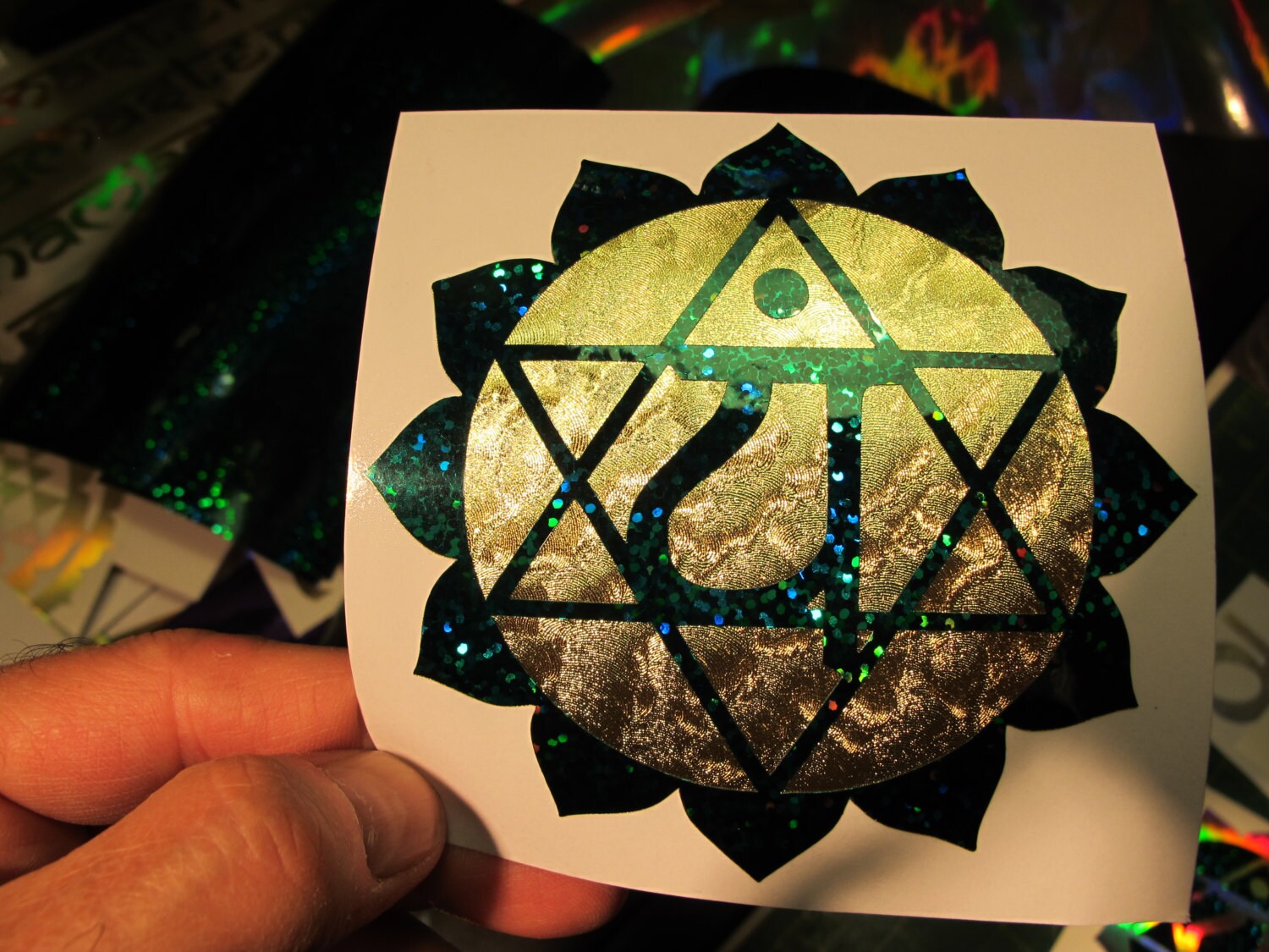 Heart Chakra Symbol. Sticker. Decal. Prismatic Emerald Sparkle/ Gold ...