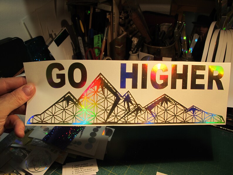 GO HIGHER Vinyl Sticker/ Window Decal- 11.5" X 3.5" Prismatic Rainbow ...