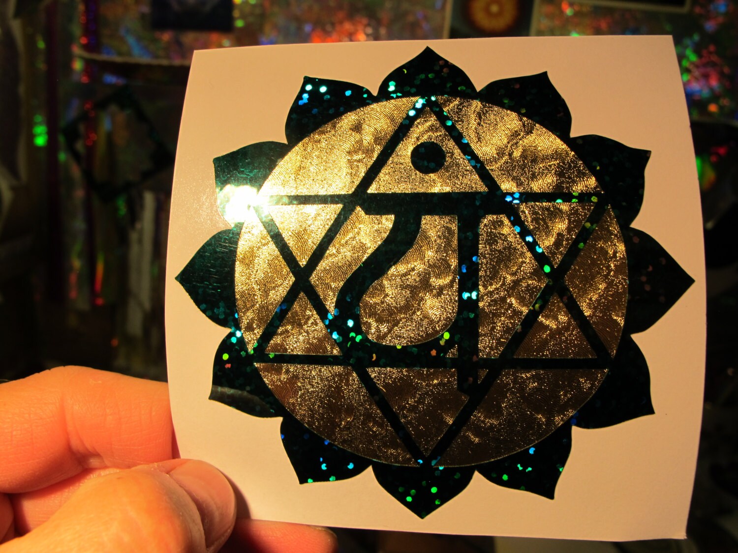 Heart Chakra Symbol. Sticker. Decal. Prismatic Emerald Sparkle/ Gold ...