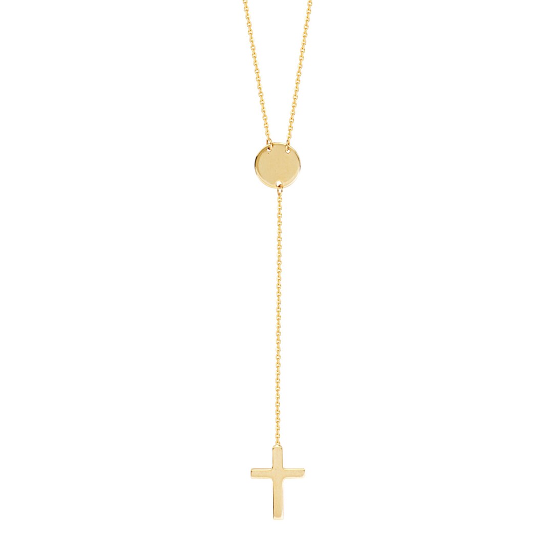 Dainty 14k Gold Cross Lariat Necklace • Personalized Initial Disk - Etsy