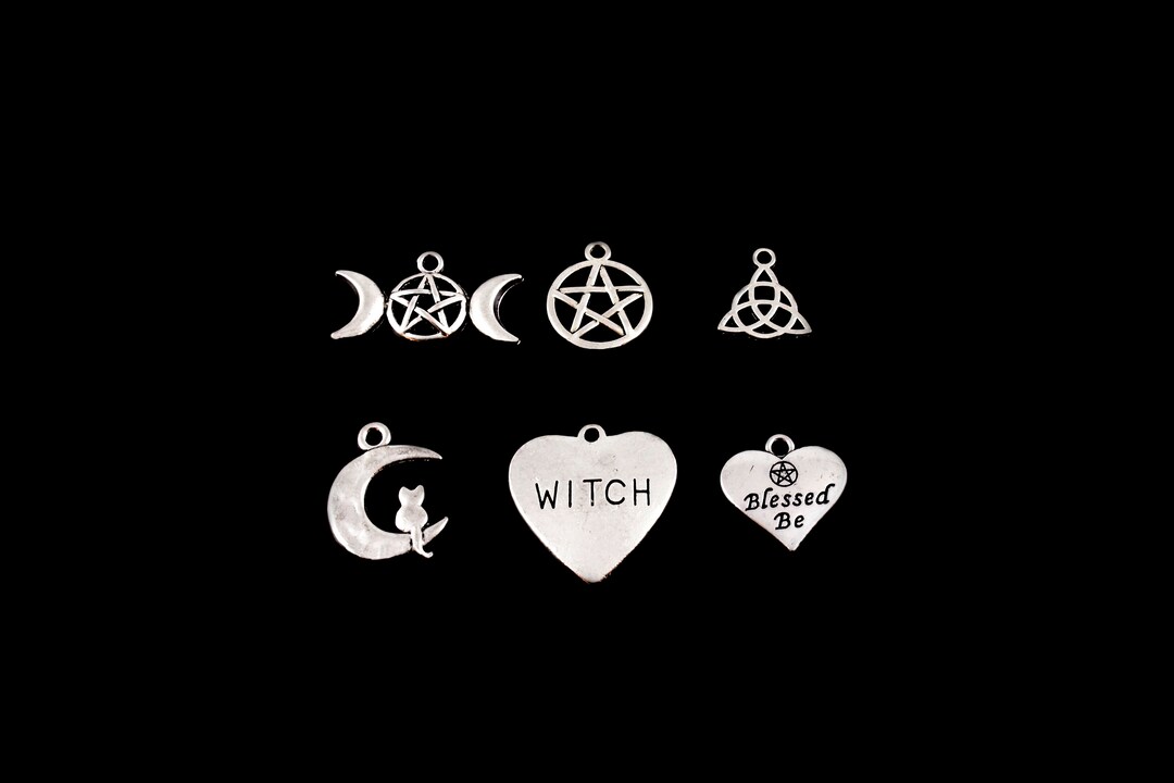 Pagan Amulet Necklace: Wiccan Pentagram, Triquetra, Moon Cat Charm - Etsy