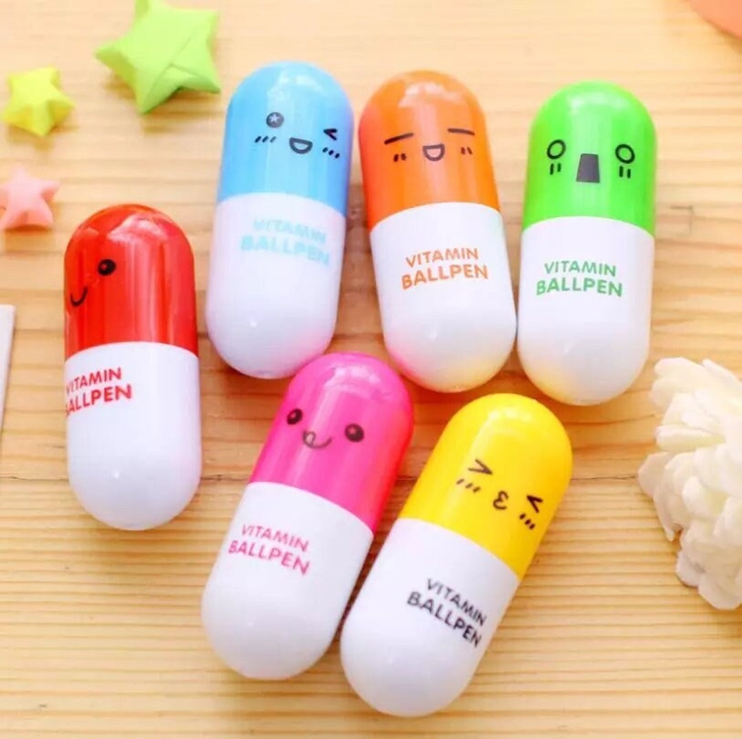 6pc CAPSULE PILL PENS Cute Vitamin Shaped Happy Kawaii Stationary ...