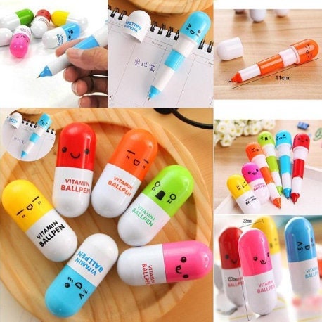 6pc CAPSULE PILL PENS Cute Vitamin Shaped Happy Kawaii Stationary ...